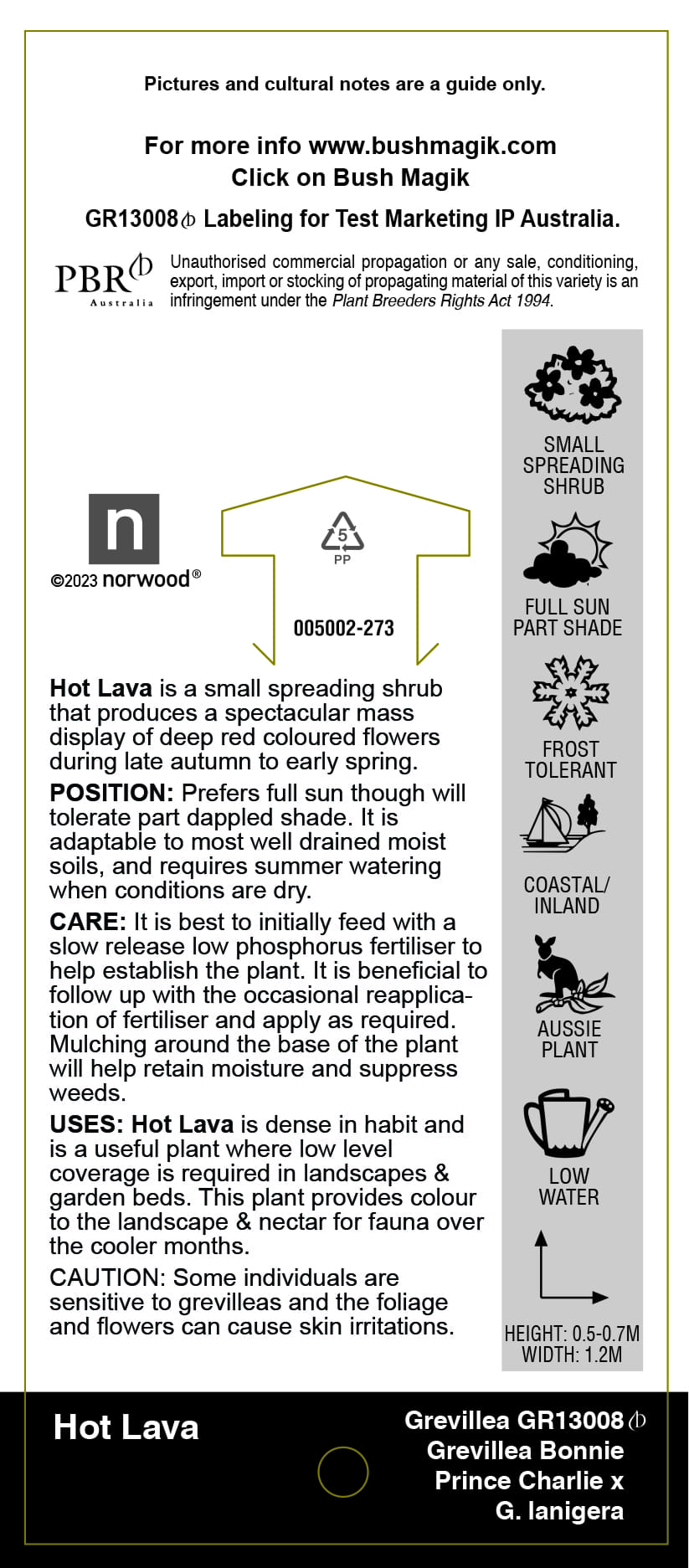 Grevillea Bonnie Prince Charlie x lanigera 'Hot Lava' - Label
